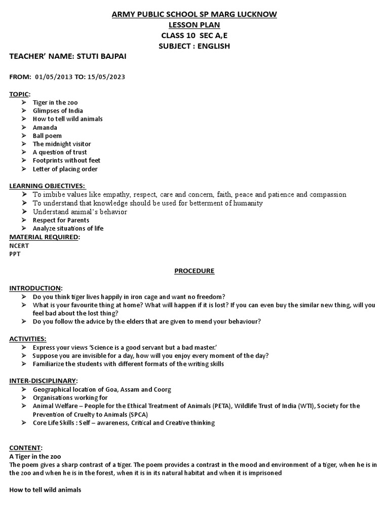 Class 10 English Lesson Plan Overview | PDF | Zoo