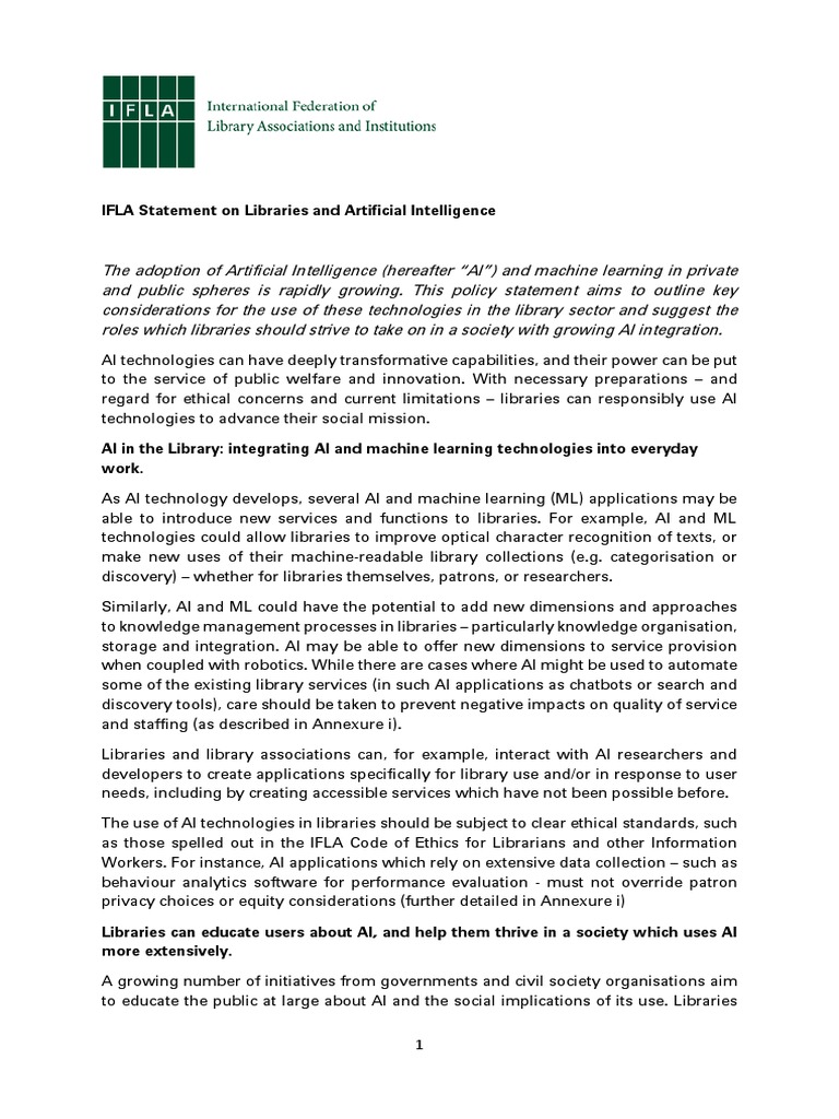 Ifla Statement On Libraries and Artificial Intelligence-Full-Text | PDF