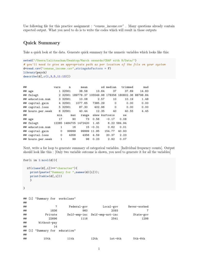 R Data Analysis: Census Income Summary | PDF