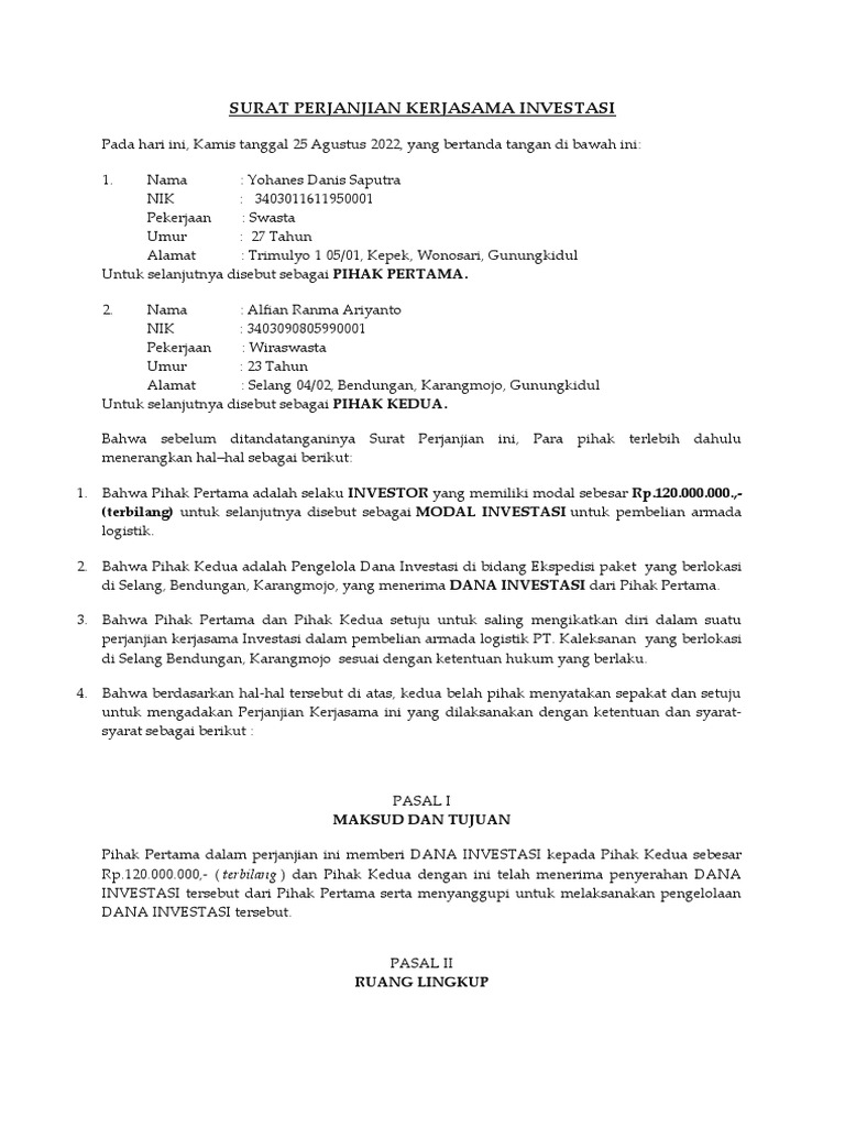 Surat Perjanjian Kerjasama Investasi Pdf