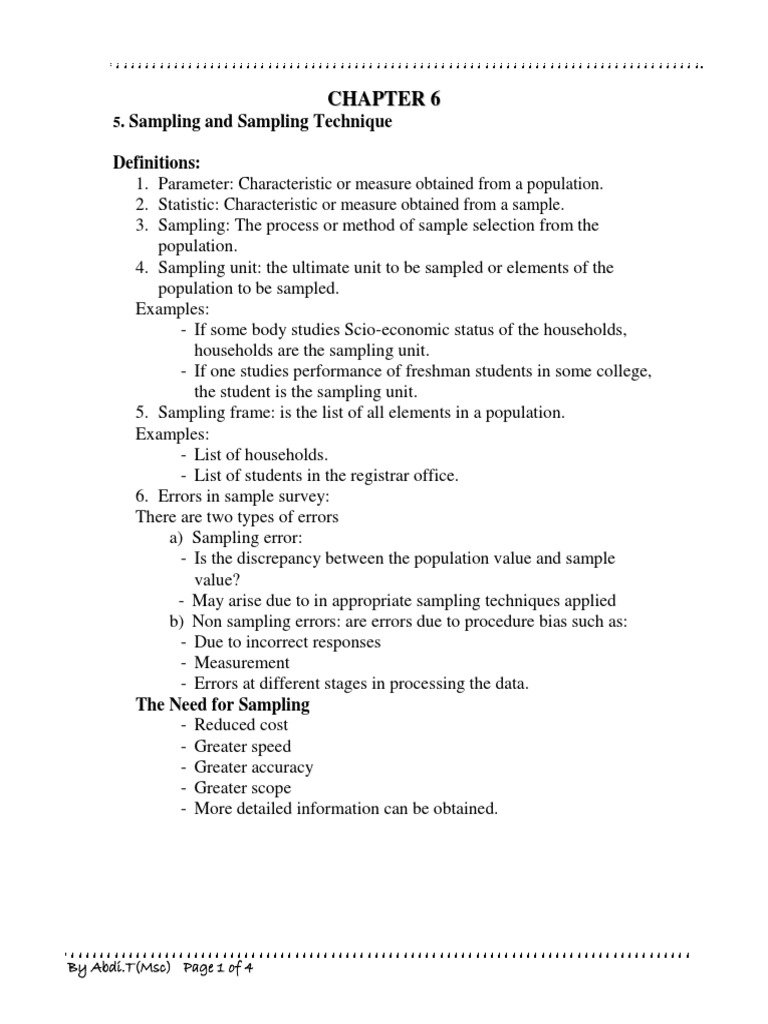 Chapter - Sampling & Sampling Techique | PDF | Sampling (Statistics) | Statistics
