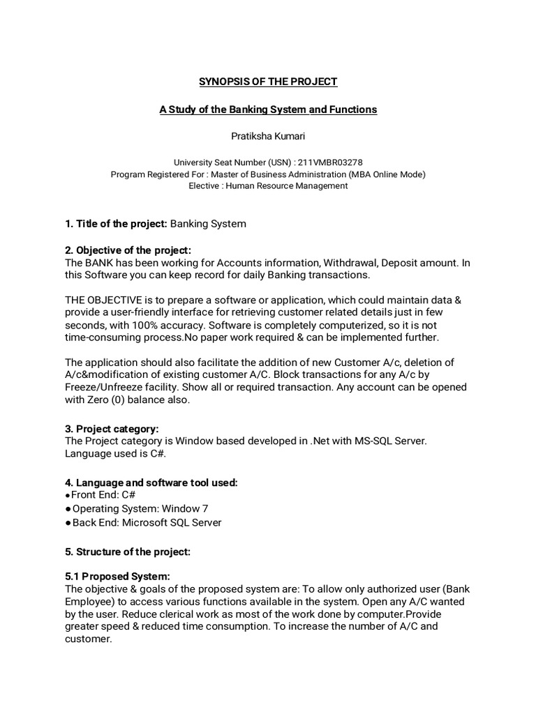 SYNOPSIS Title of the project Banking | PDF | Transaction Account | Microsoft Sql Server