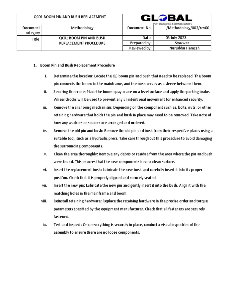 Boom Pin and Bush Replacement - Rev0 | PDF