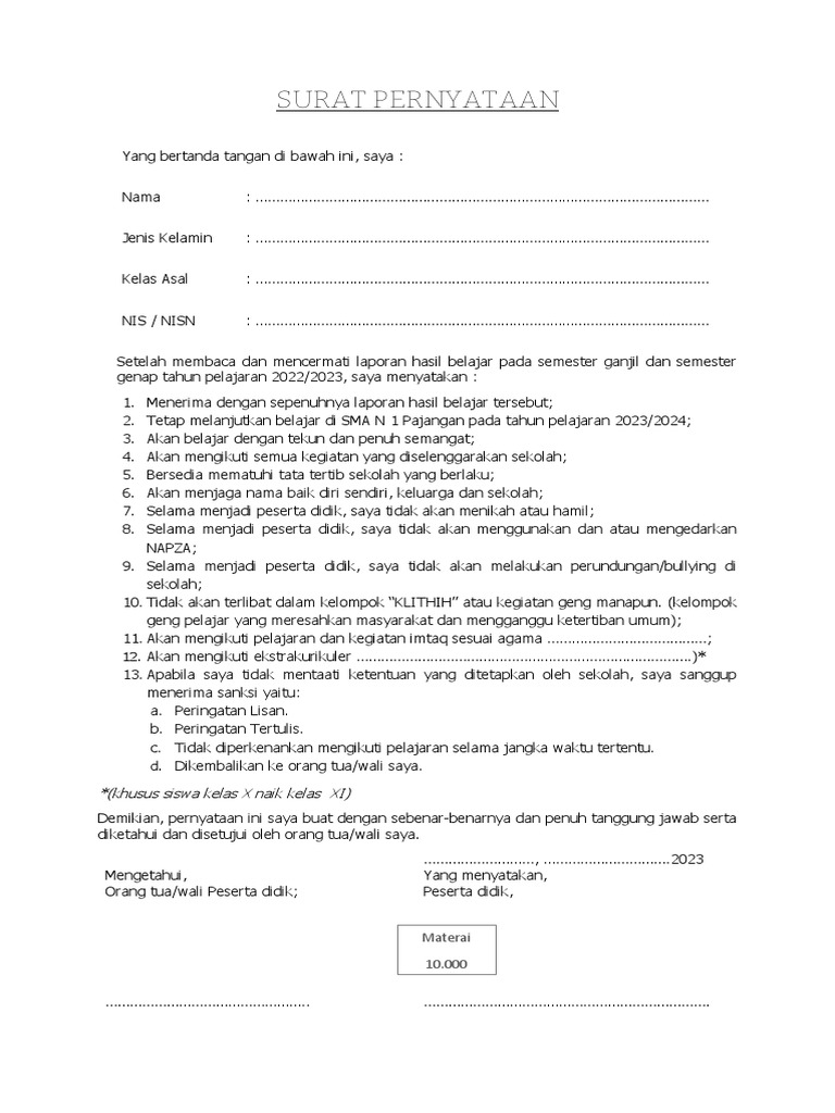 Form Surat Pernyataan Daftar Ulang Kelas X Dan Xi Sman 1 Pajangan | PDF Form Surat Pernyataan Daftar Ulang Kelas X Dan Xi Sman 1 Pajangan | PDF
