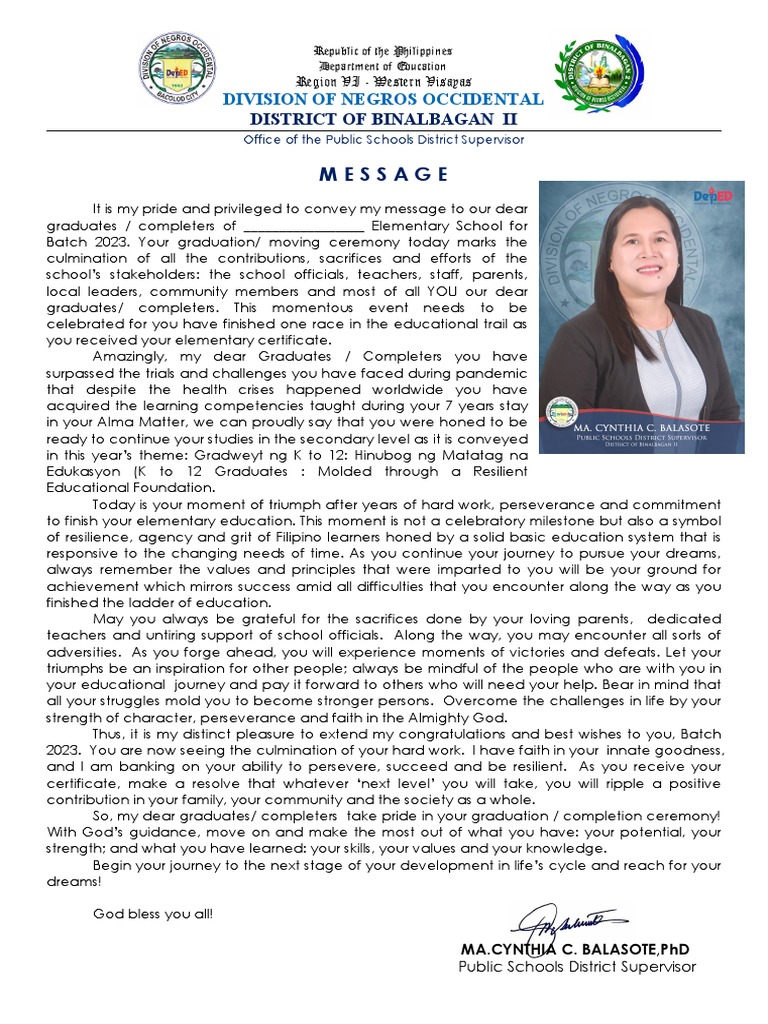 2023 Graduation Message - PSDS MA - CYNTHIA C. BALASOTE | PDF | Career & Growth | Wellness