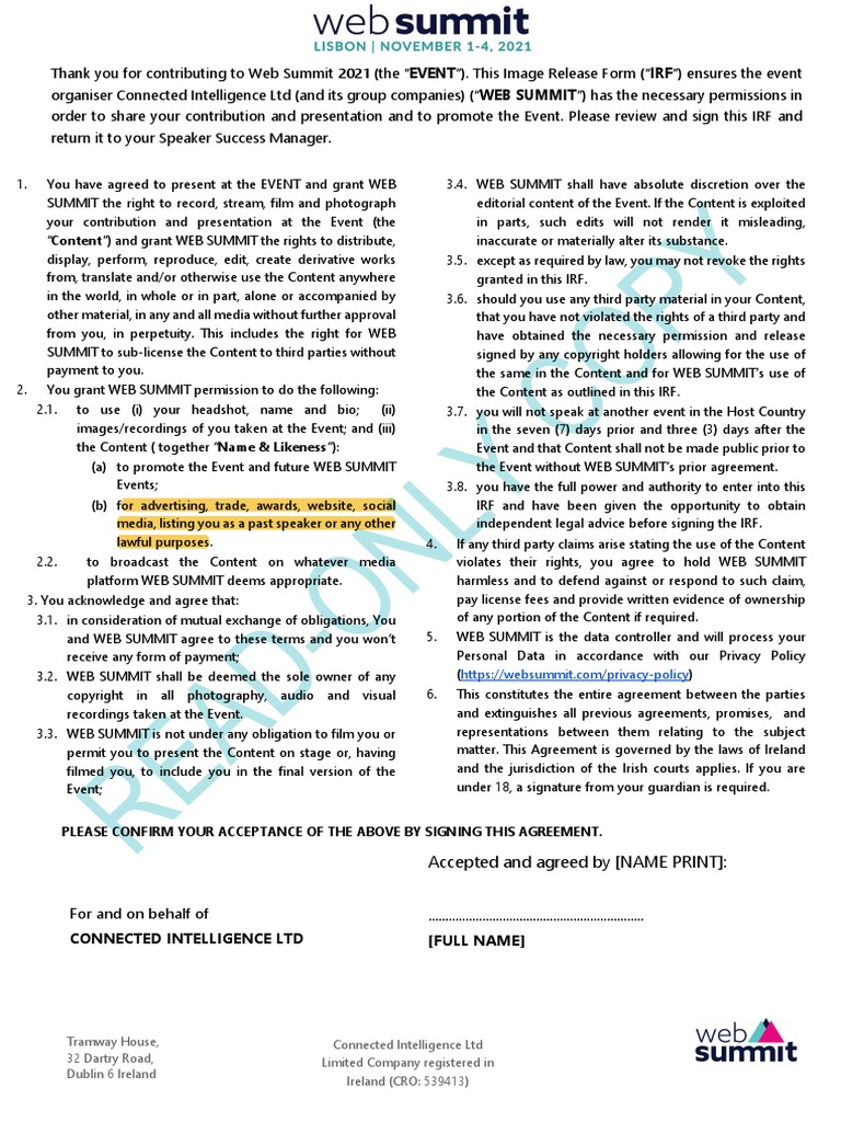 Read Only Copy Web Summit Image Release Form Pdf