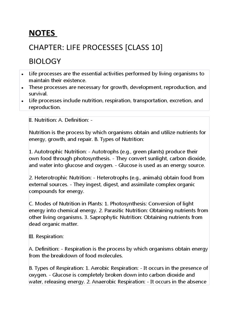 NOTES Life Processes | PDF | Nutrition | Diet & Nutrition