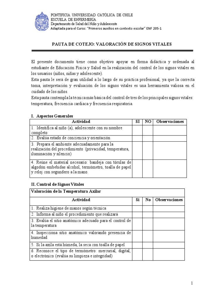 Pauta de Cotejo de Control de Signos Vitales Word | PDF