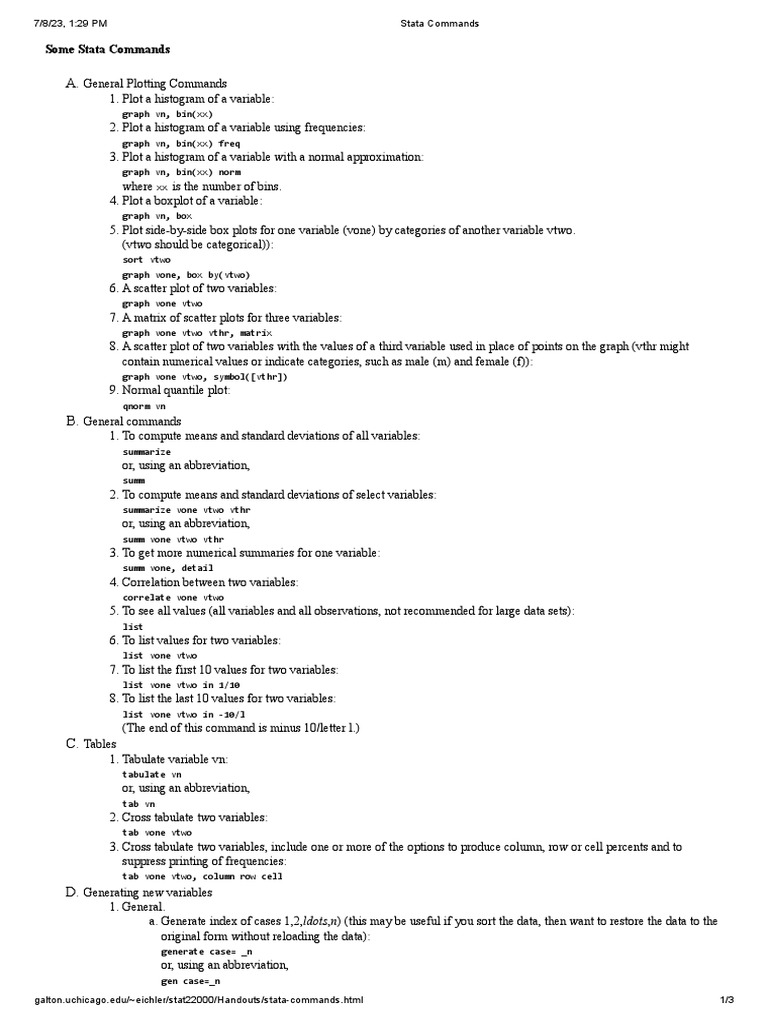 Stata Commands | PDF | Errors And Residuals | Regression Analysis
