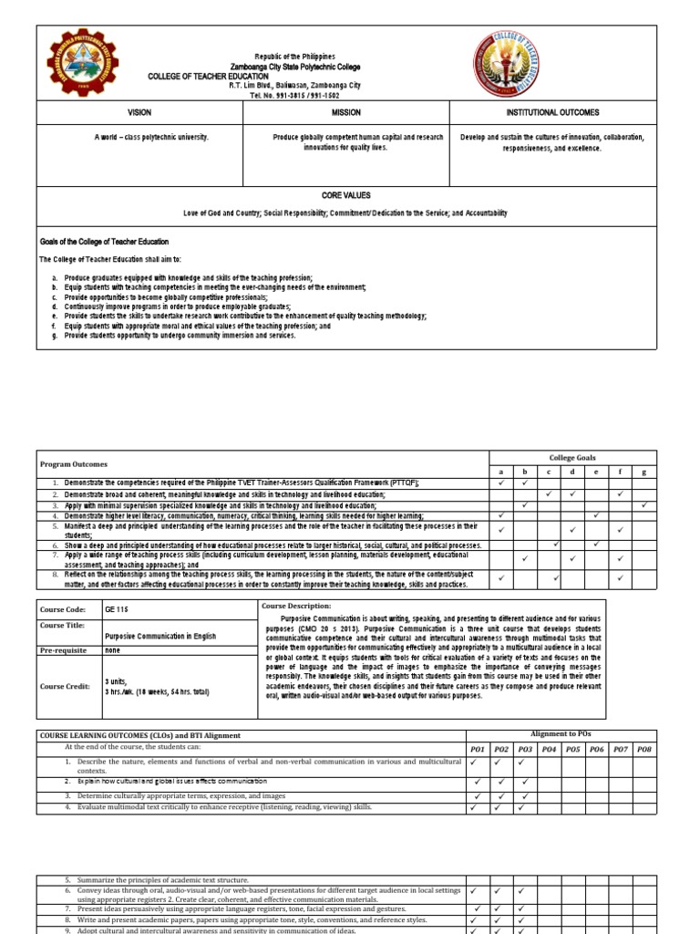 Purposive Communication Syllabus | PDF | Communication | Cross Cultural ...