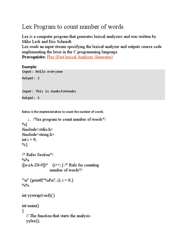 Lex Program To Count Number of Words: Prerequisite | PDF
