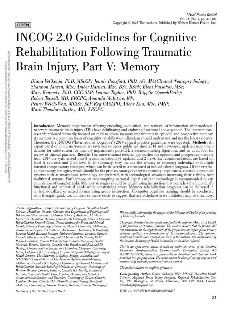 INCOG 2 0 Guidelines For Cognitive Rehabilitation.7 | PDF | Memory | Traumatic Brain Injury