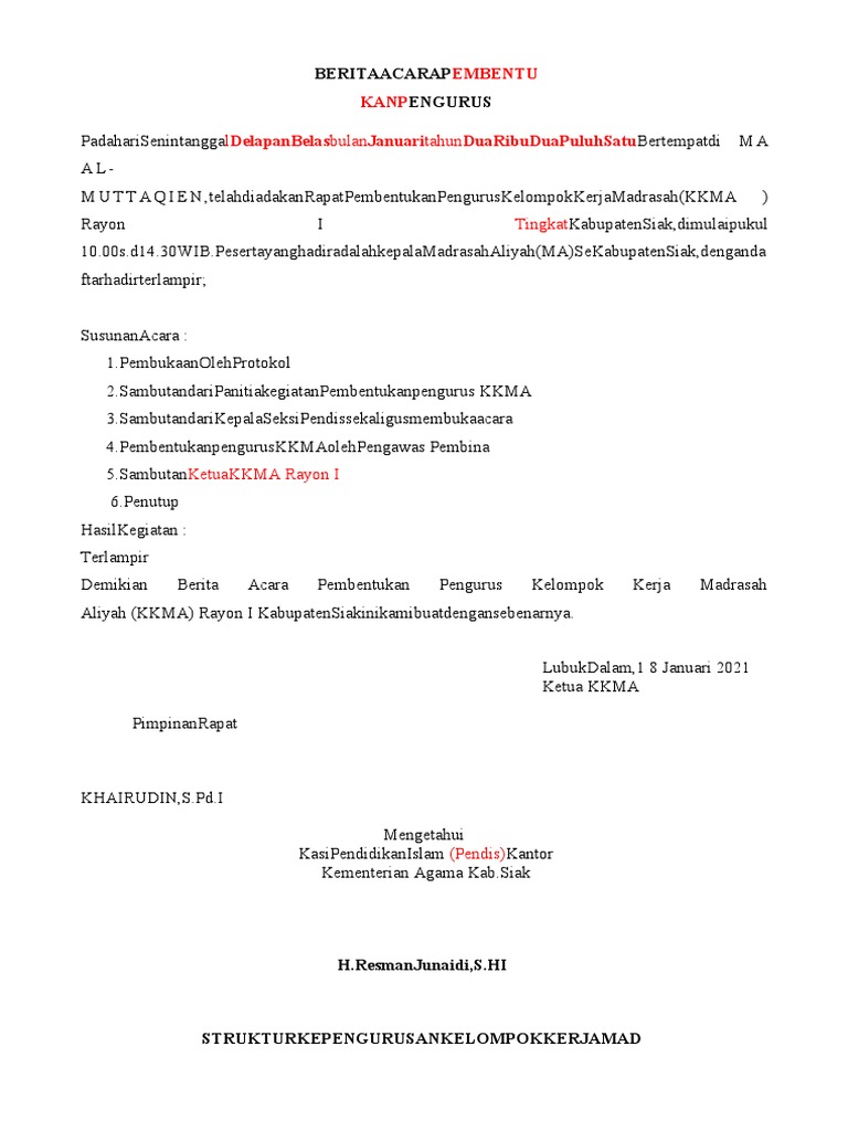Berita Acara Kkma Rayon 1kabupaten Siak Dan Susunan Pengurus | PDF