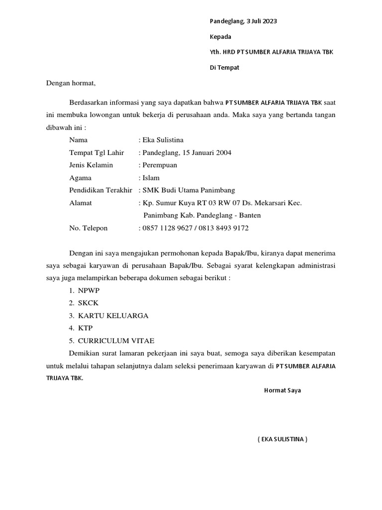 Lamaran Eka Sulistina | PDF