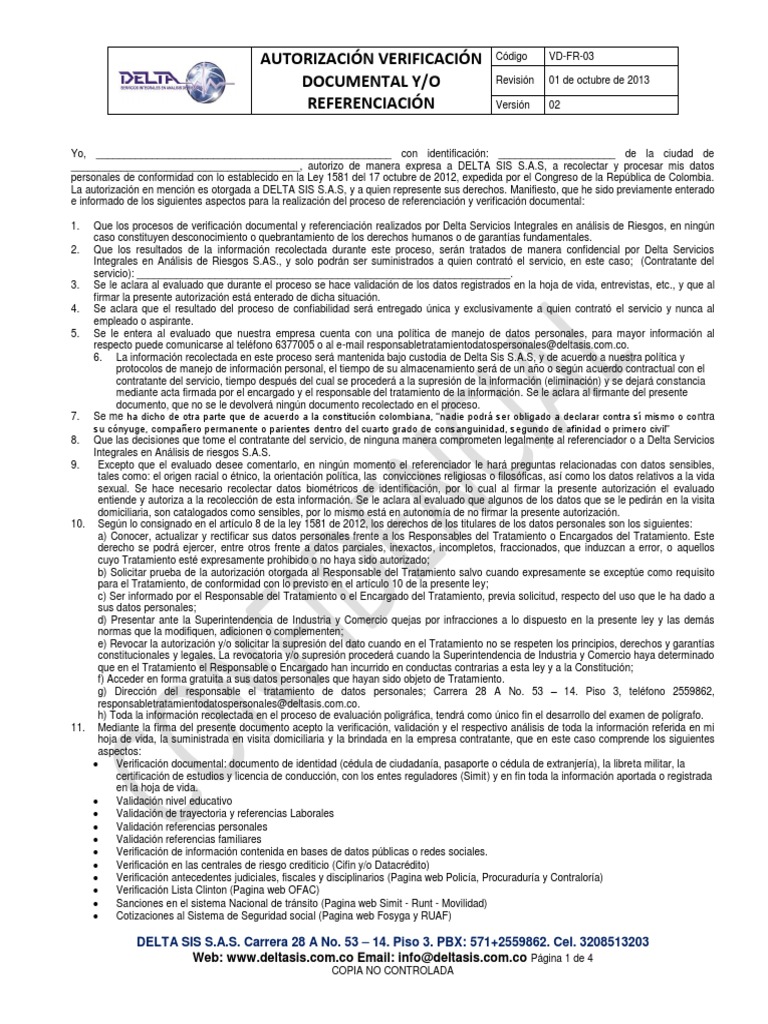 FORMATO AUTORIZACION CONSULTAS Y REFERENCIACION DELTA SIS V2 2015 | PDF