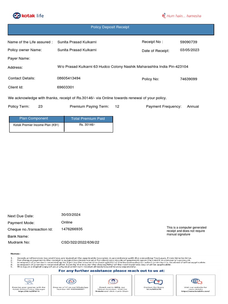 Policy Deposit Receipt: Kotak Premier Income Plan (K91) Rs. 30146 | PDF