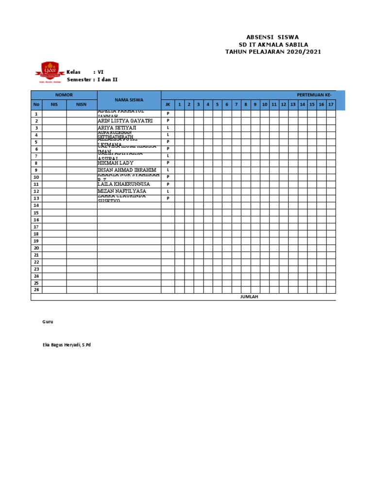 Absen Tahfidz Kelas 6 | PDF