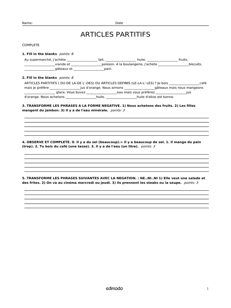 Exercices sur les articles partitifs | PDF