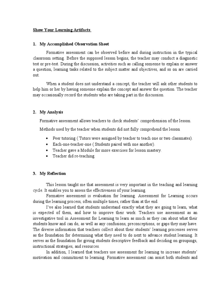 Learning Artifacts in Formative Assessment | PDF | Educational ...