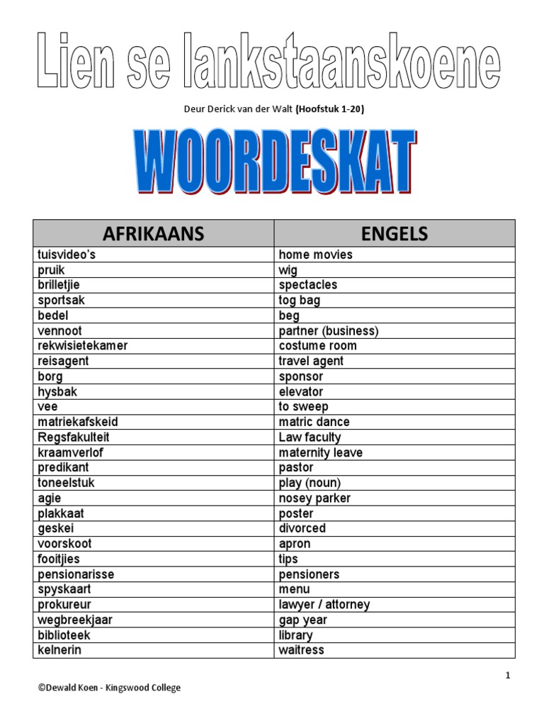 Lien Se Lankstaanskoene Hoofstuk 1-20 Dewald Koen Se Aantekeninge en ...