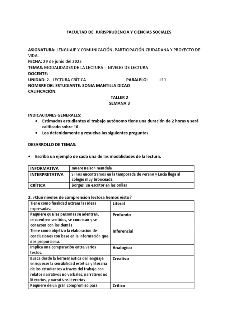 Taller-U2 - Semana 3 Lenguaje | PDF | Comprensión lectora | Cognición Taller-U2 - Semana 3 Lenguaje | PDF | Comprensión lectora | Cognición