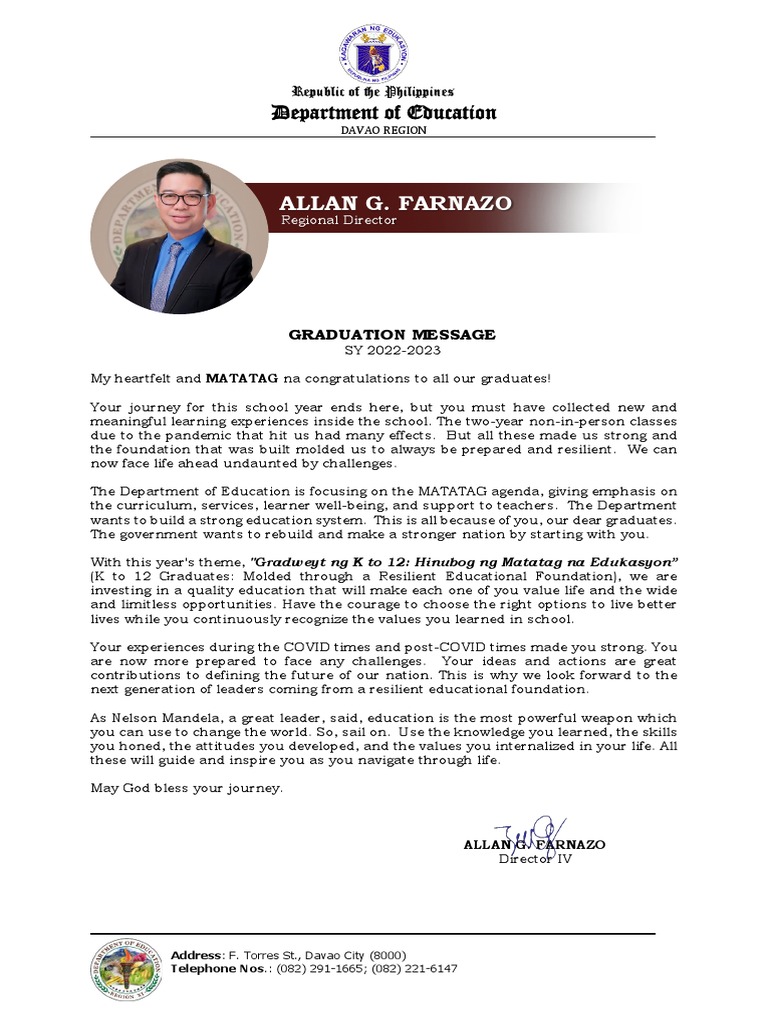 Graduation Message SY 2022 2023 RD Allan Farnazo | PDF