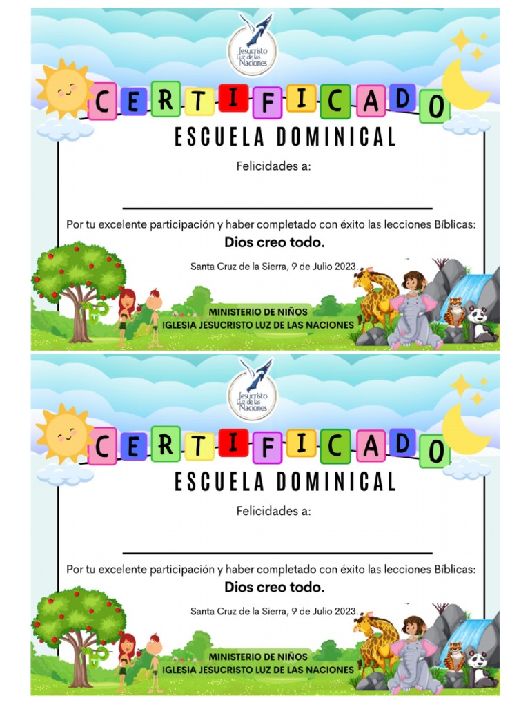 Certificado Escuela Dominical | PDF