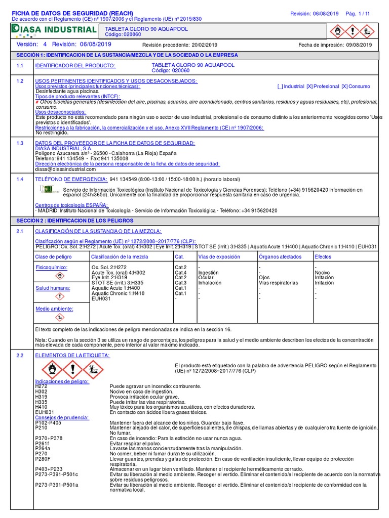 Ficha de Seguridad Pastillas de Cloro 200g 90 Natur Clara 824 | PDF ...