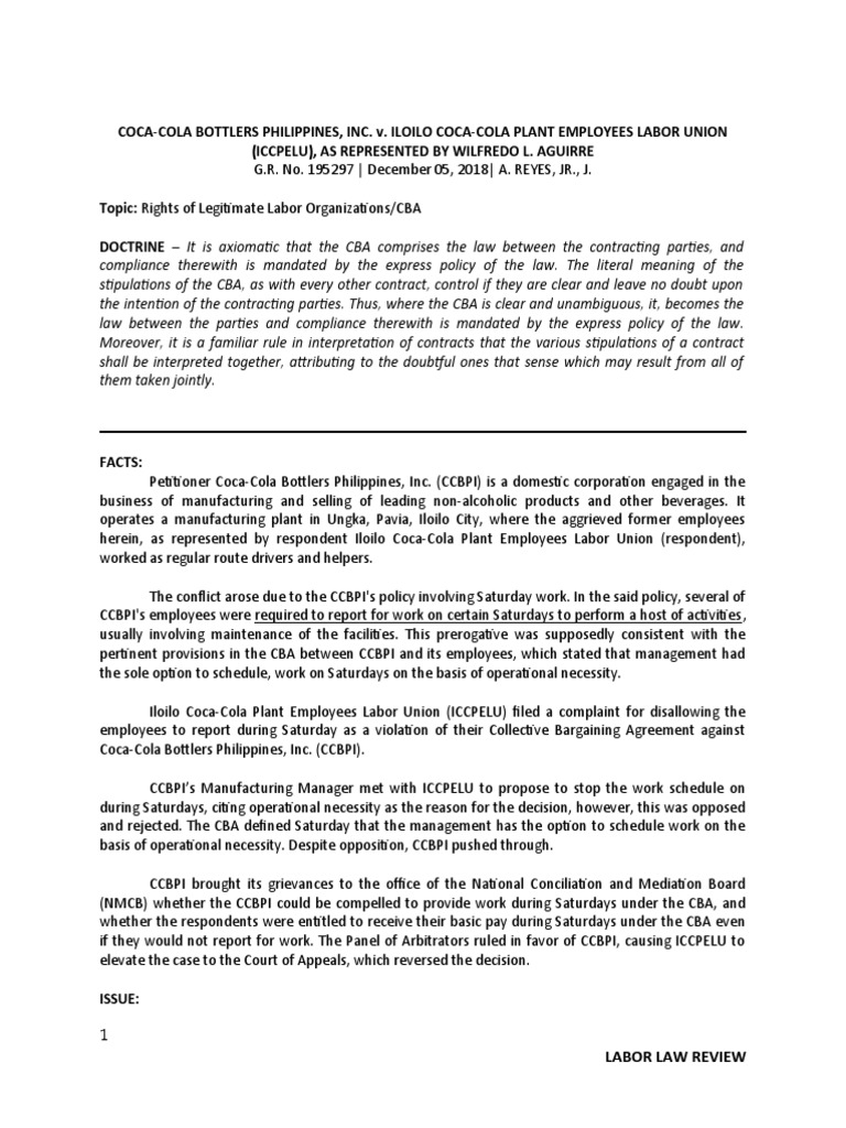 Coca Cola Vs Iloilo Coca Cola Plant Employees Union Aloba Pdf