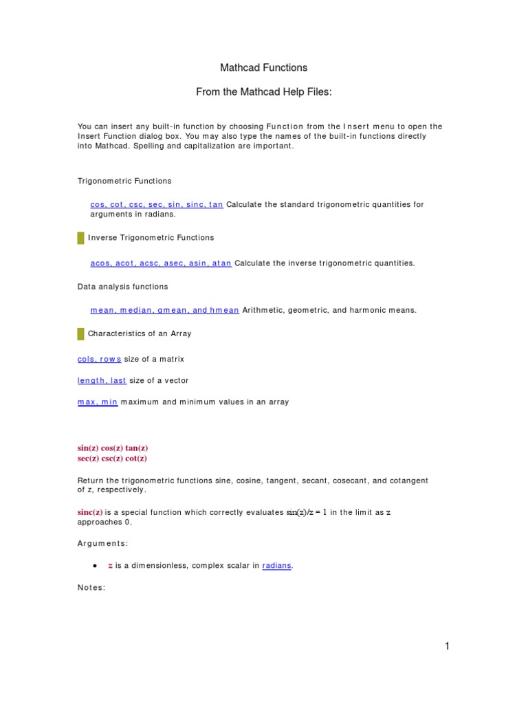 Mathcad Functions Help Guide | PDF | Trigonometric Functions | Sine