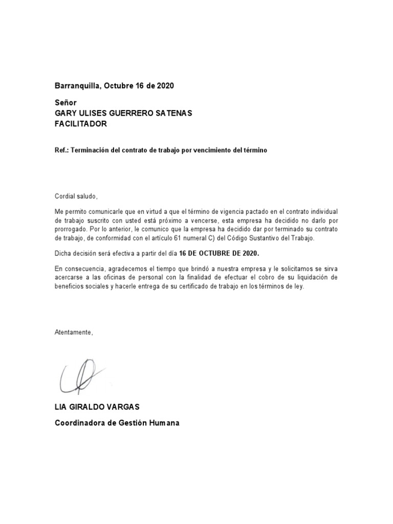 Carta-terminacion-del-contrato | PDF