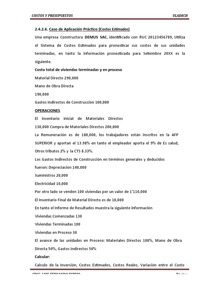 Costos Estimados Caso Practico | PDF | Presupuesto | Costo