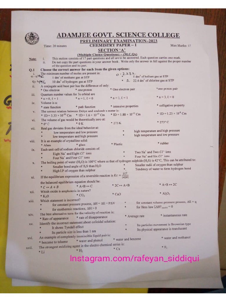 Xi-Chemistry Adamjee Govt. Science College Paper | PDF