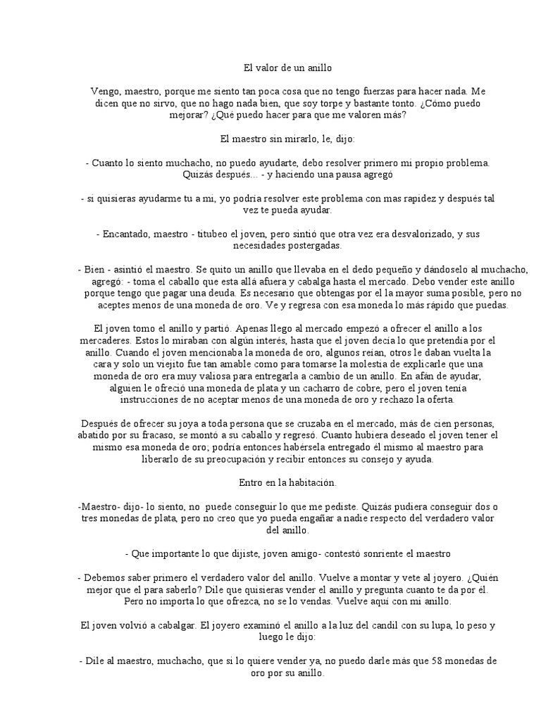 Autoestima Cuento El Valor de Un Anillo | PDF