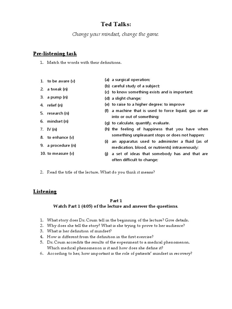 Ted Talks Mindset Listening Comprehension Video Movie Activities ...