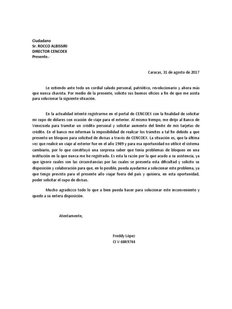 Carta Freddy CENCOEX | PDF