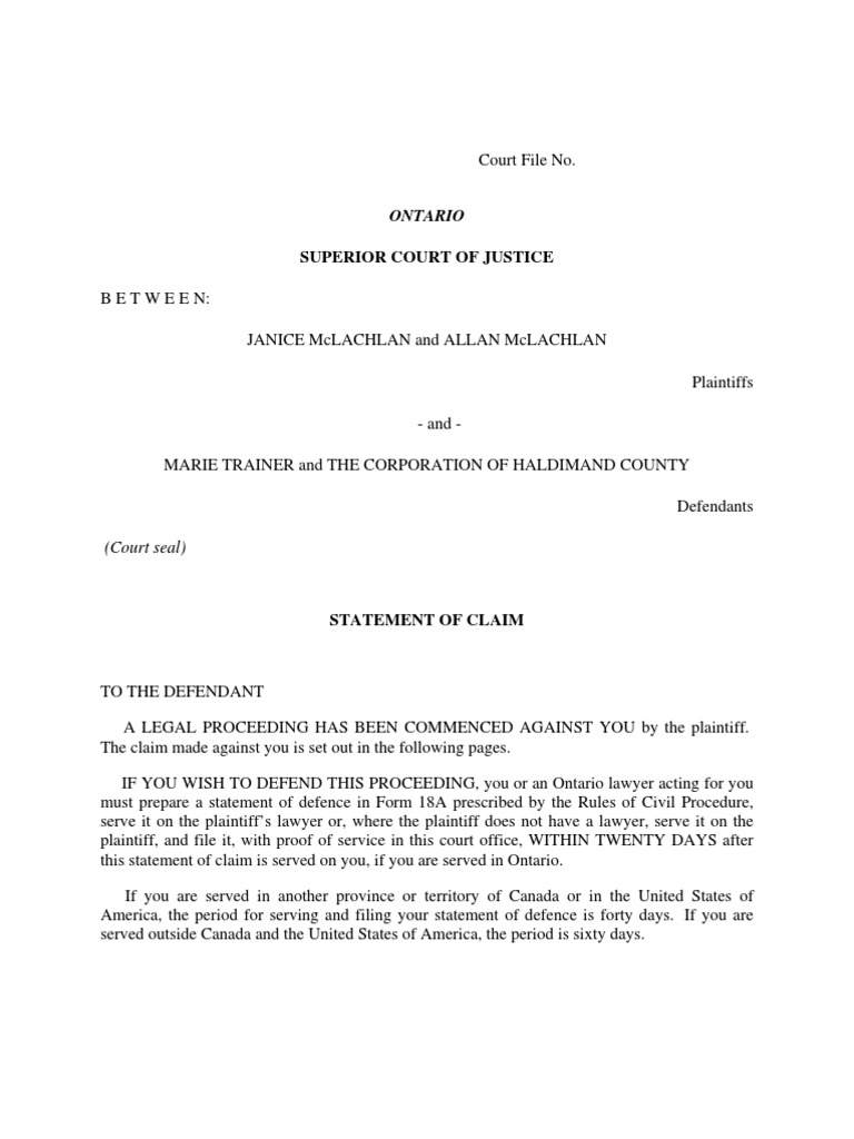 Statement of Claim | PDF | Damages | Common Law