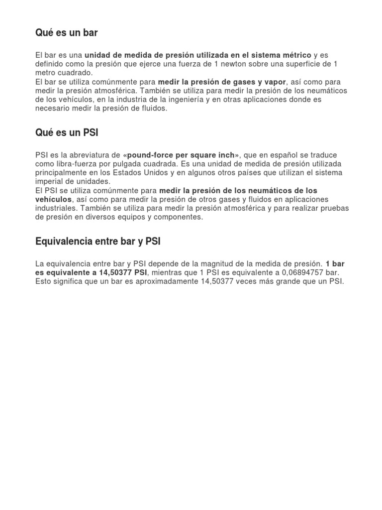 Bar vs PSI: Unidades de Presión Comparadas | PDF