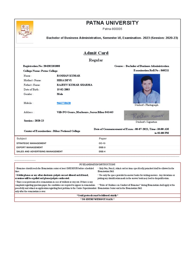 Admit Card Patna University, Patna. | PDF