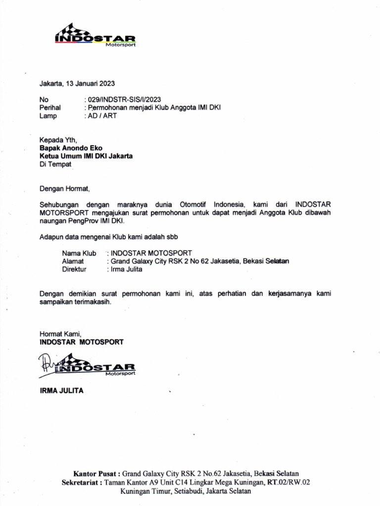 Surat Permohonan Club IMI | PDF