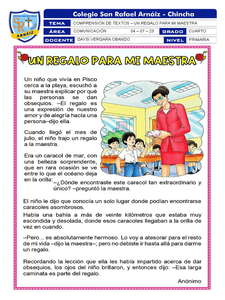 Comprensión de Textos - Un Regalo para Mi Maestra | PDF