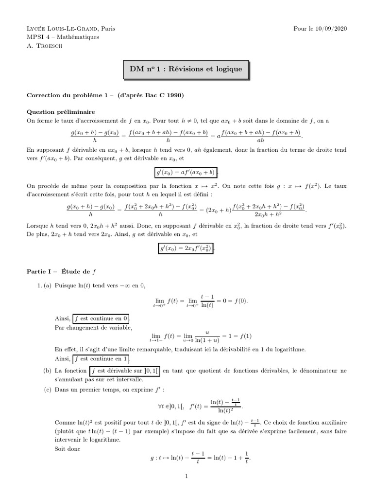 ALAIN TROESCH Corrigé DM N°1 | PDF | Intégral | Fonction (Mathématiques)