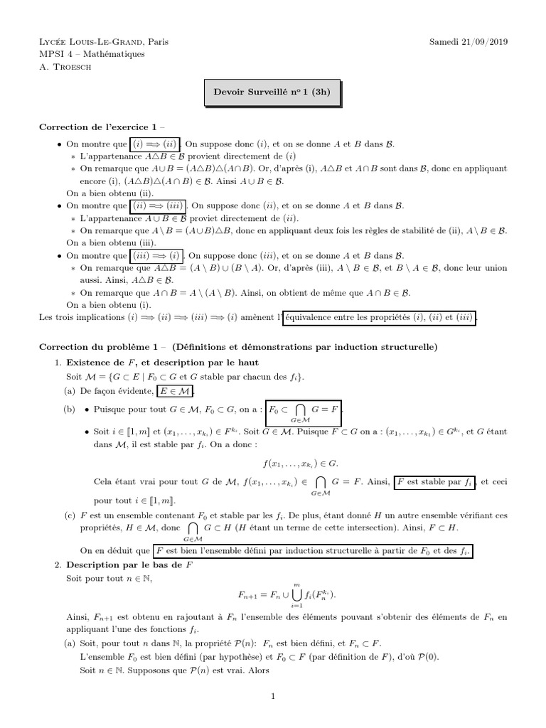 ALAIN TROESCH Corrigé DS N°1 | PDF