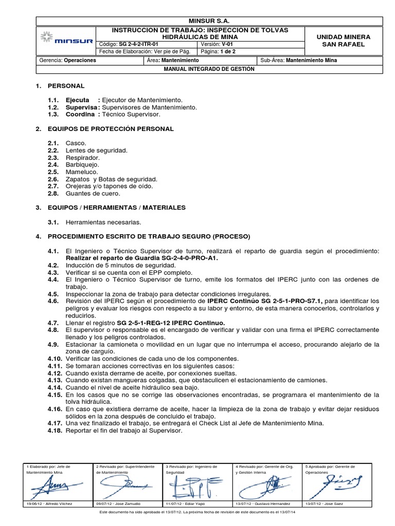 SG 2-4-2-ITR-01 V-01 Inspeccion de Tolvas Hidraulicas de Mina | PDF