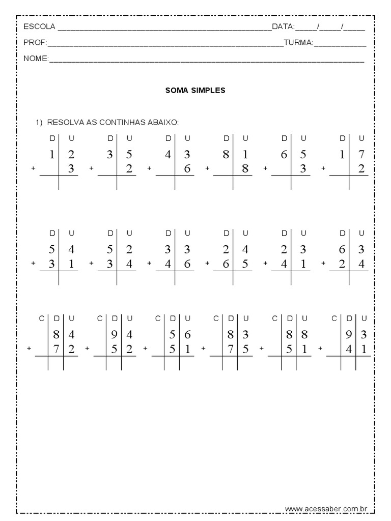Atividade de Matematica Soma Sem Reserva 1º Ou 2º Ano | PDF