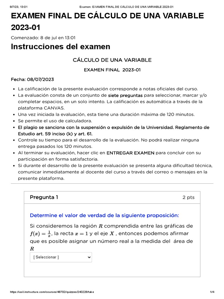 Examen_ Examen Final de Cálculo de Una Variable 2023-01 | PDF