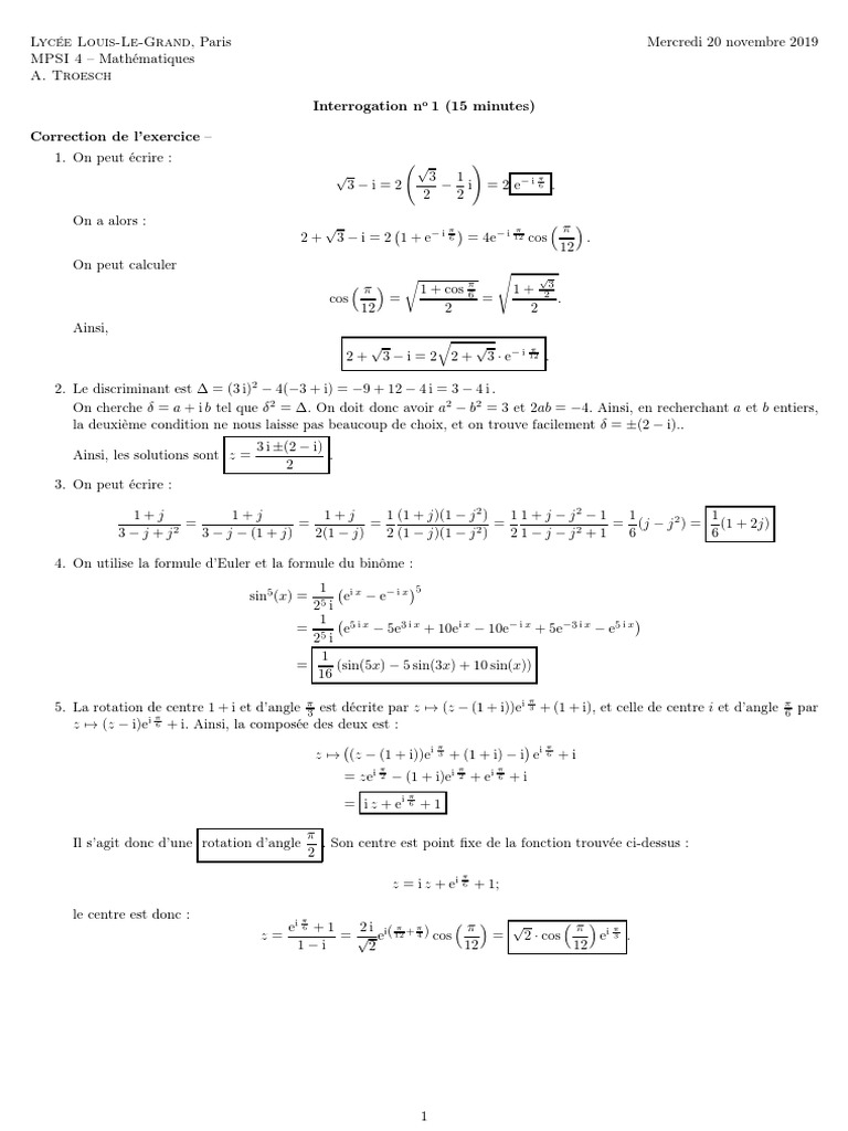 ALAIN TROESCH Corrigé Intérrogation N°1 | PDF