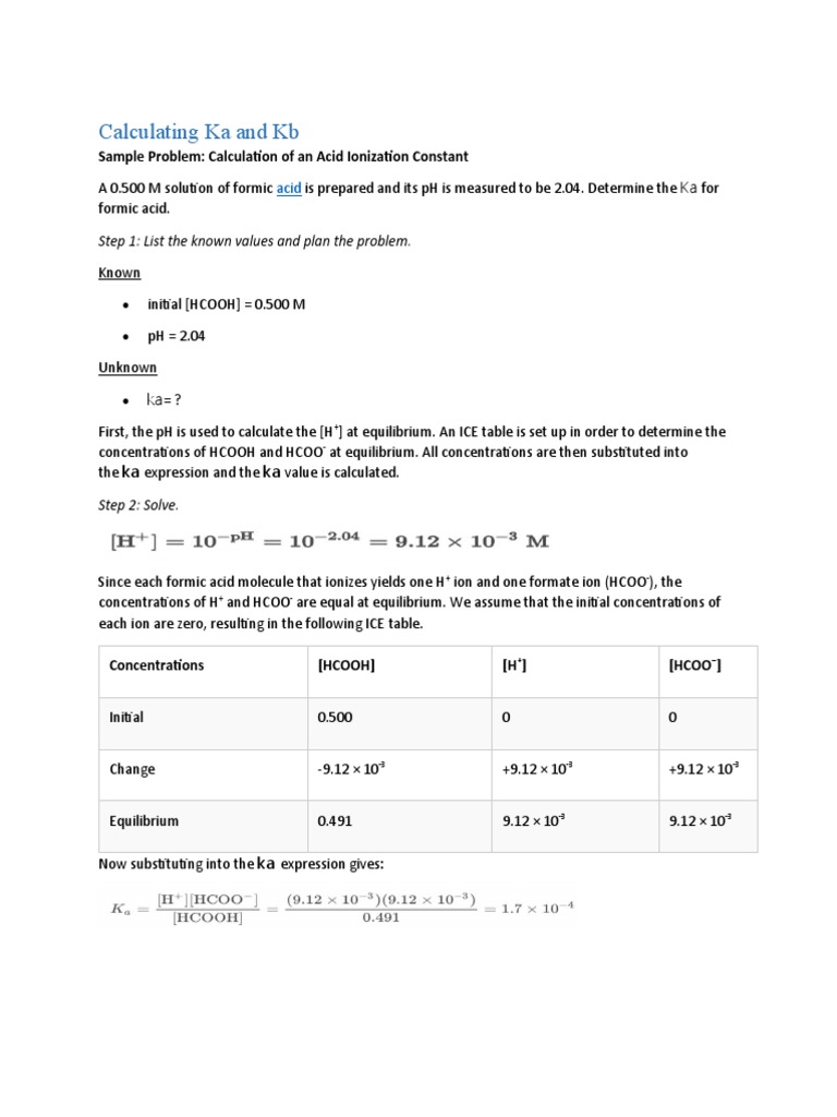 Calculating Ka and KB: Sample Problem: Calculation of An Acid Ionization Constant | PDF | Ph ...