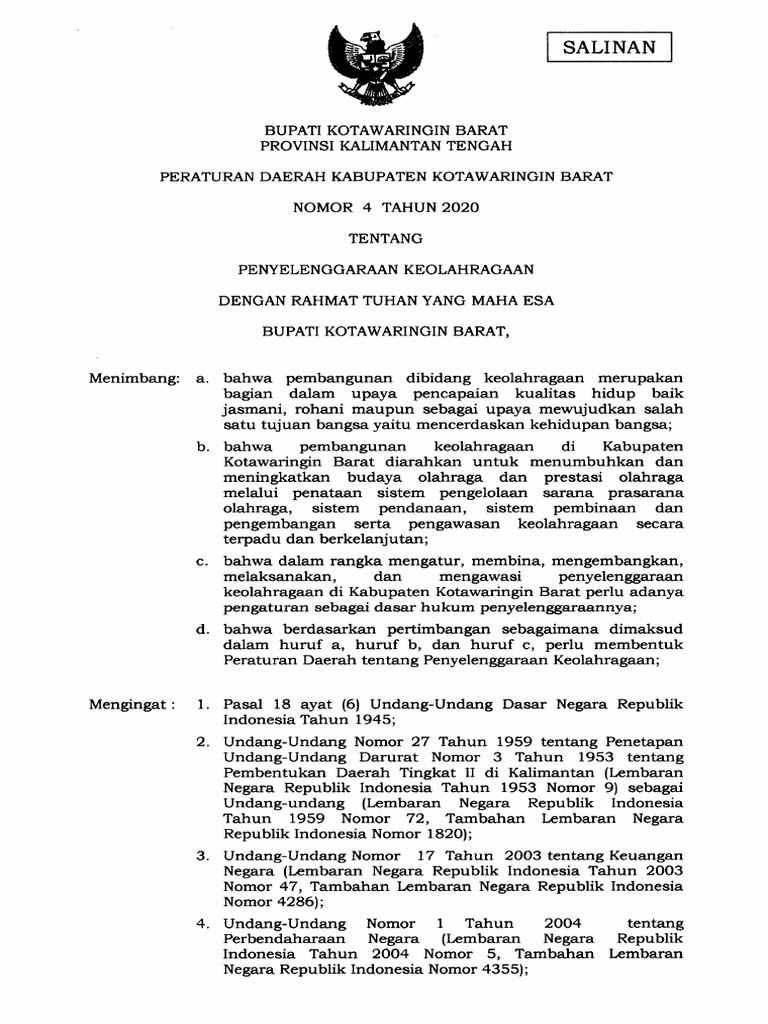 Perda Kobar No. 4 THN 2021 TTG Penyelenggaraan Keolahragaan | PDF