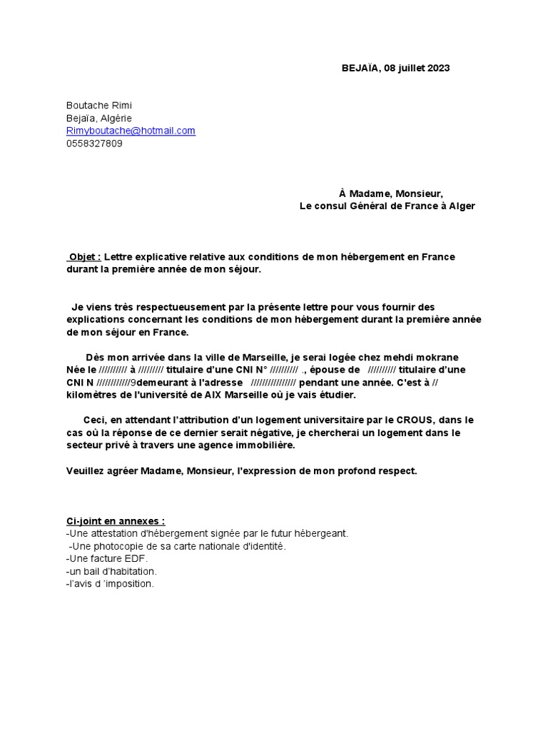 Lettre Explicatif Condition Hebergement 1 | PDF